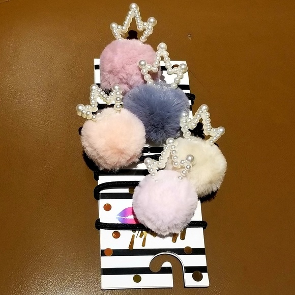 Mwak | Accessories | 5pcs Hair Set Ties Pom Poms With Faux Pearl Princess Crown Lot New | Poshmark